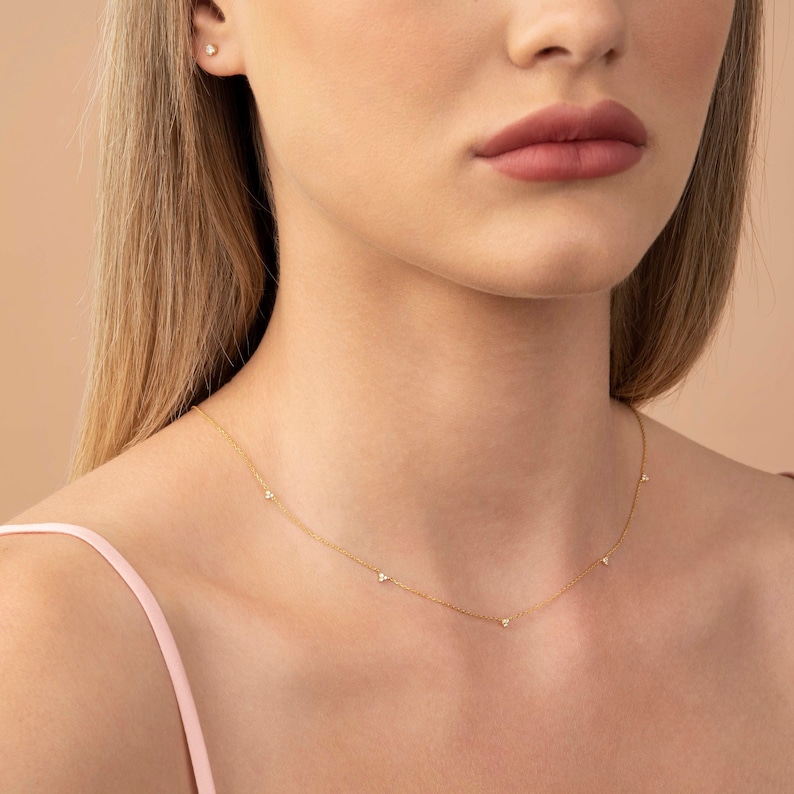 14k Solid Gold Diamond Station Necklace: Trio Satellite Design - Etsy UK