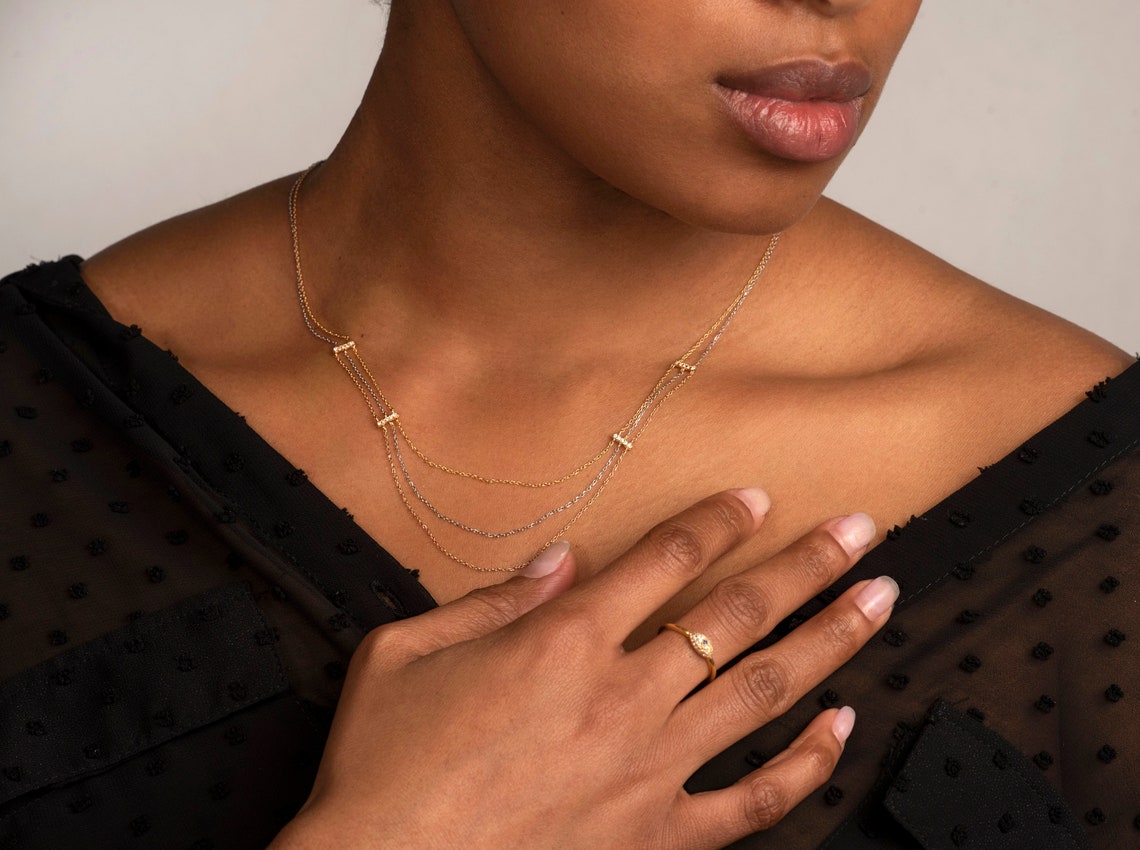 14K Gold Diamond Necklace Set / Gold Layered Cable Chain Set / - Etsy