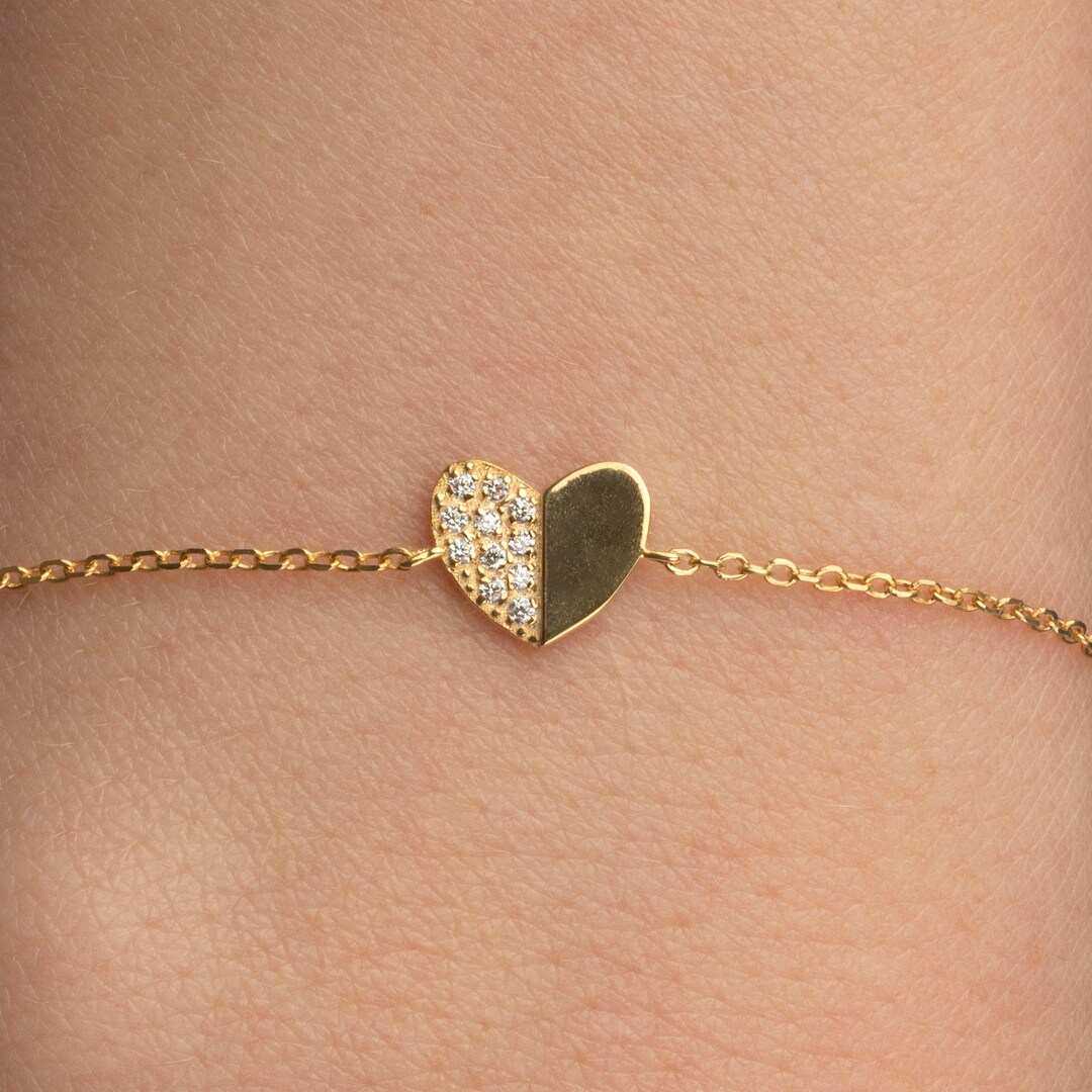 Pave Diamond Heart Bracelet / 14k Solid Gold Diamond Heart Bracelet ...
