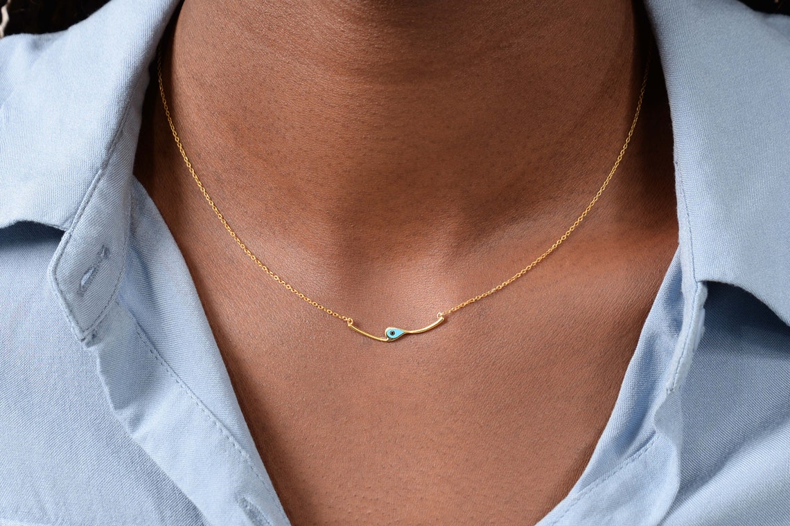 Evil Eye Bar Necklace Evil Eye Necklace Solid Gold Evil Eye - Etsy