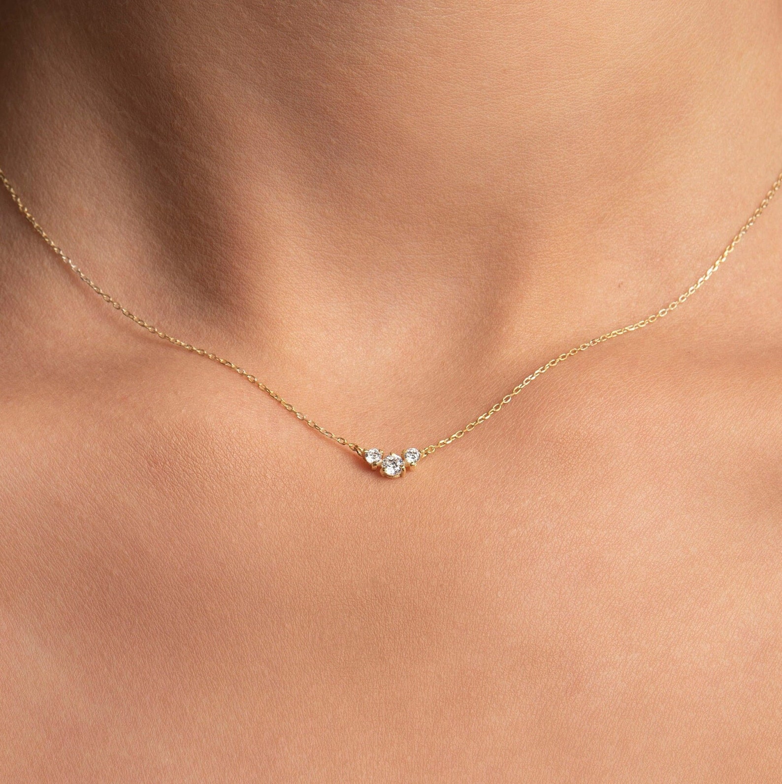 Three Diamond Necklace 14k Gold Trio Diamond Necklace 0.16ct - Etsy