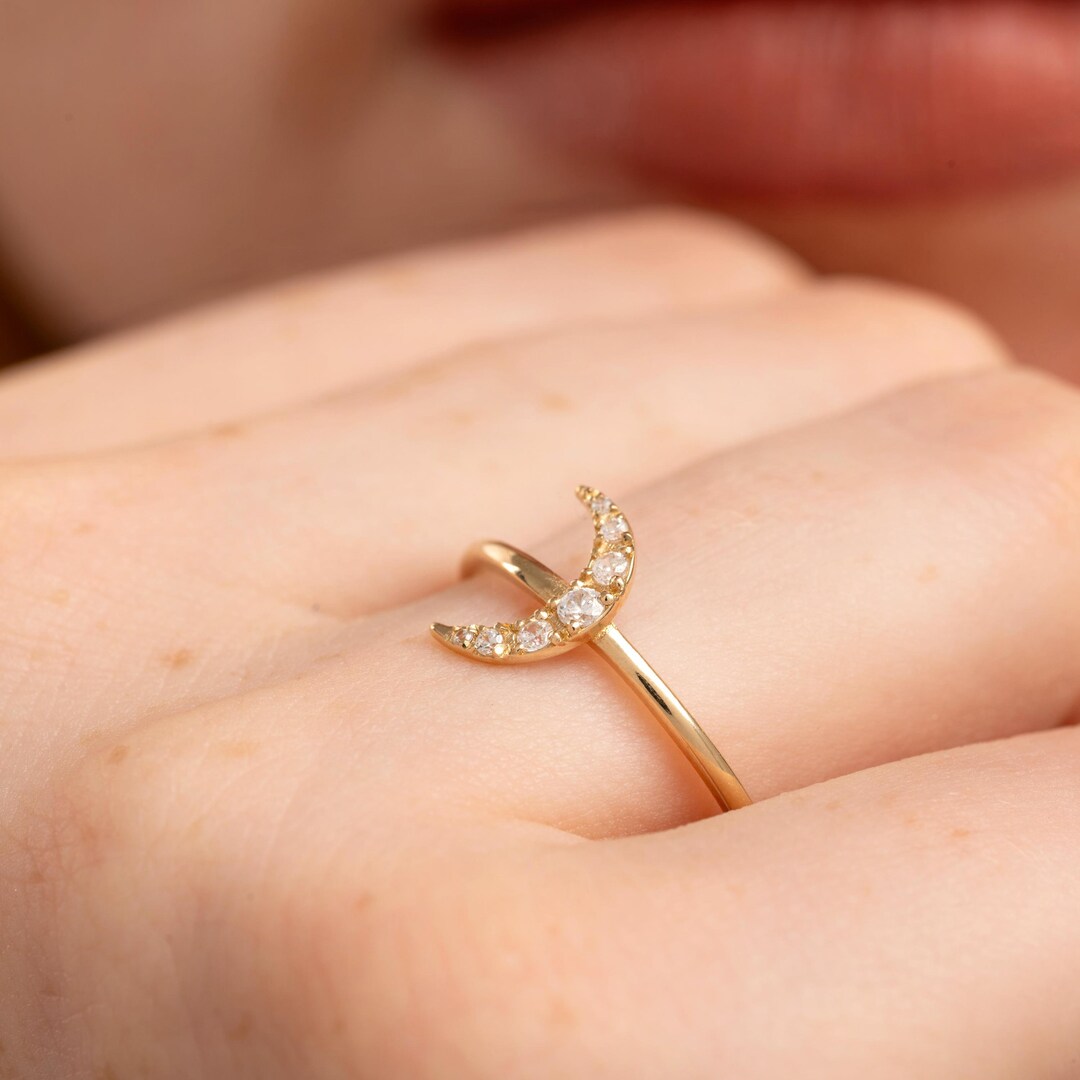 Diamond Moon Ring - 14k Dainty Minimalist Ring, Celestial Jewelry ...