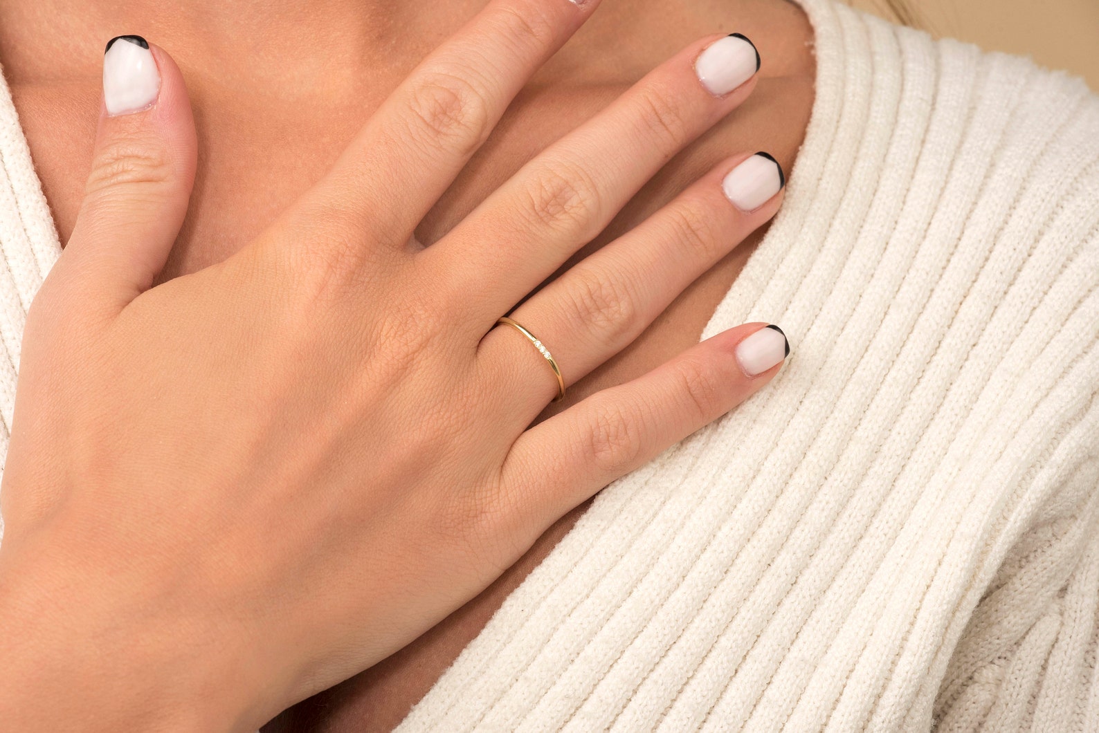 14K Solid Gold Dainty Diamond Ring: Elegant Thin Stackable Band - Etsy