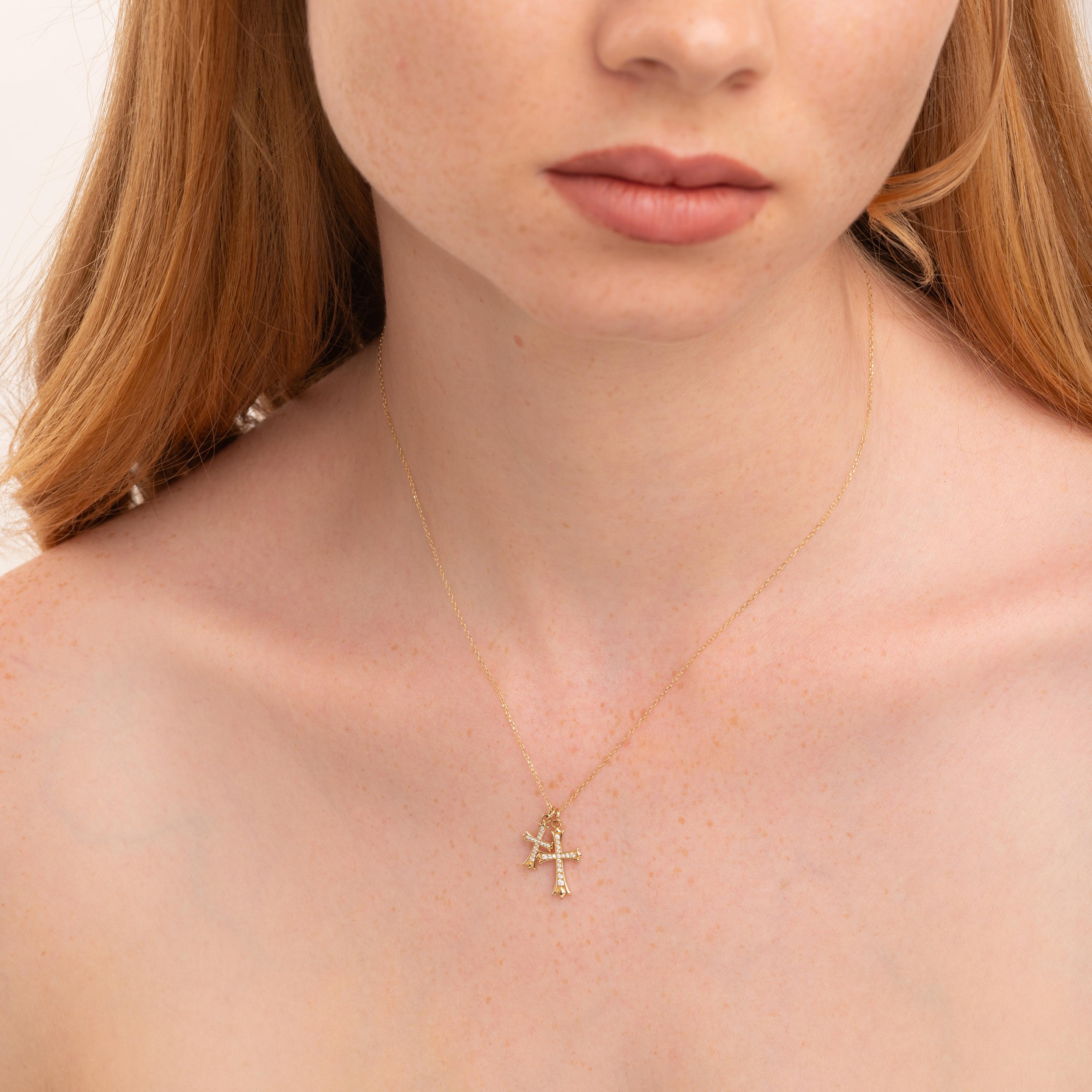 14k Solid Gold Double Cross Necklace: Diamond Religious Pendant 16"-18 ...