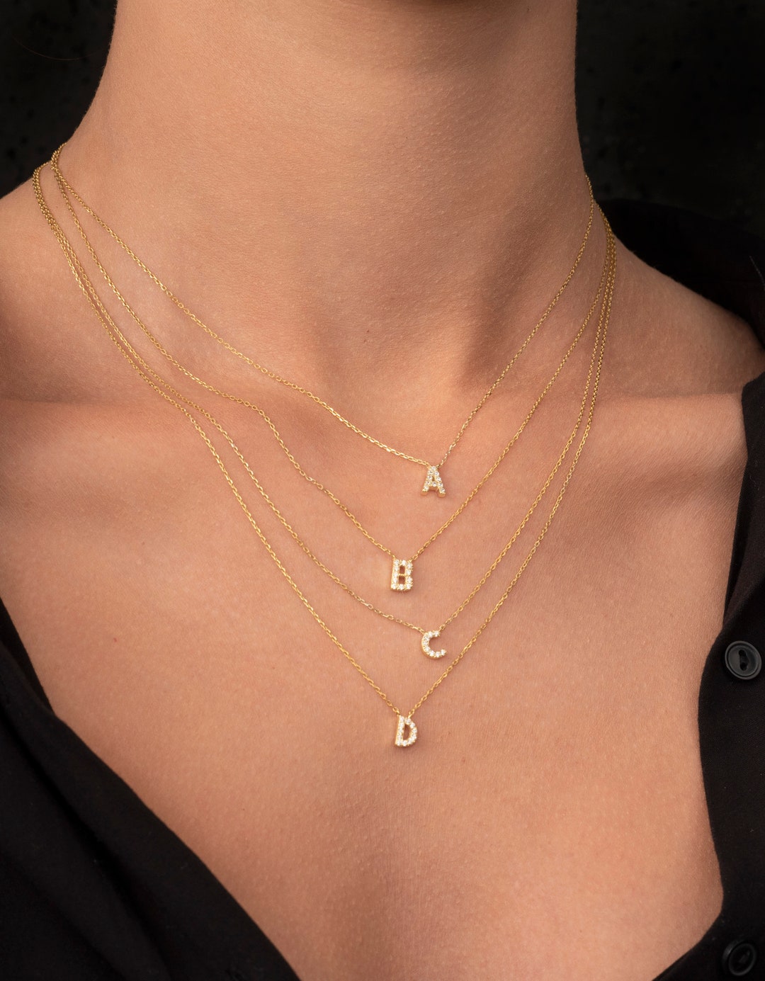 14K Solid Gold Diamond Initial Necklace: Dainty Letter Monogram (EU) - Etsy