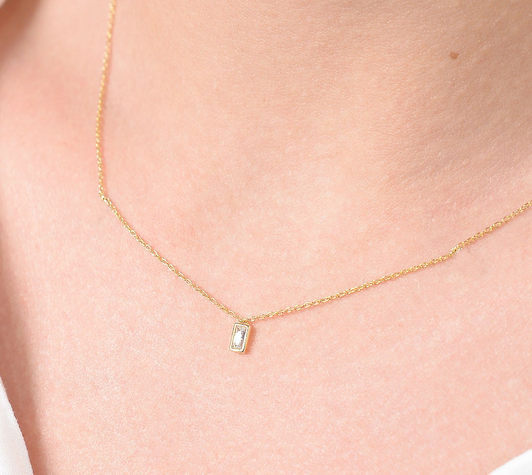 Diamond Baguette Necklace | Dainty Diamond Necklace | Bezel Set ...