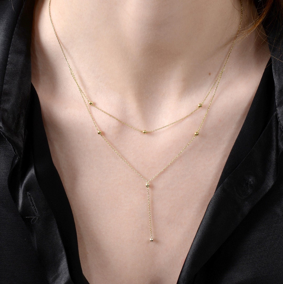 14k Solid Gold Chain Necklace / Solid Gold Satellite Necklace / Lariat ...