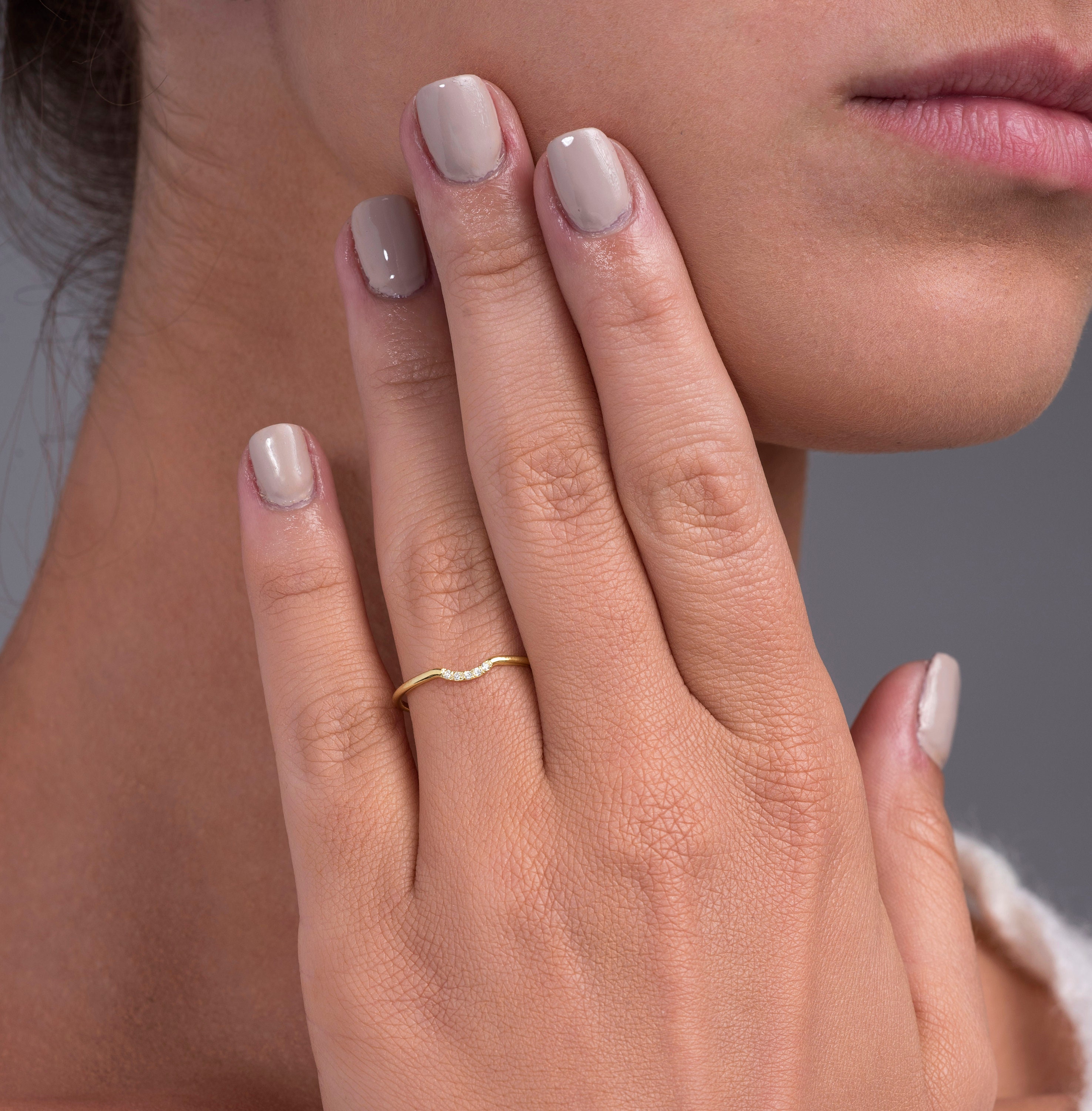 14k Solid Gold Curved Diamond Ring: Dainty Wedding Jewelry - Etsy