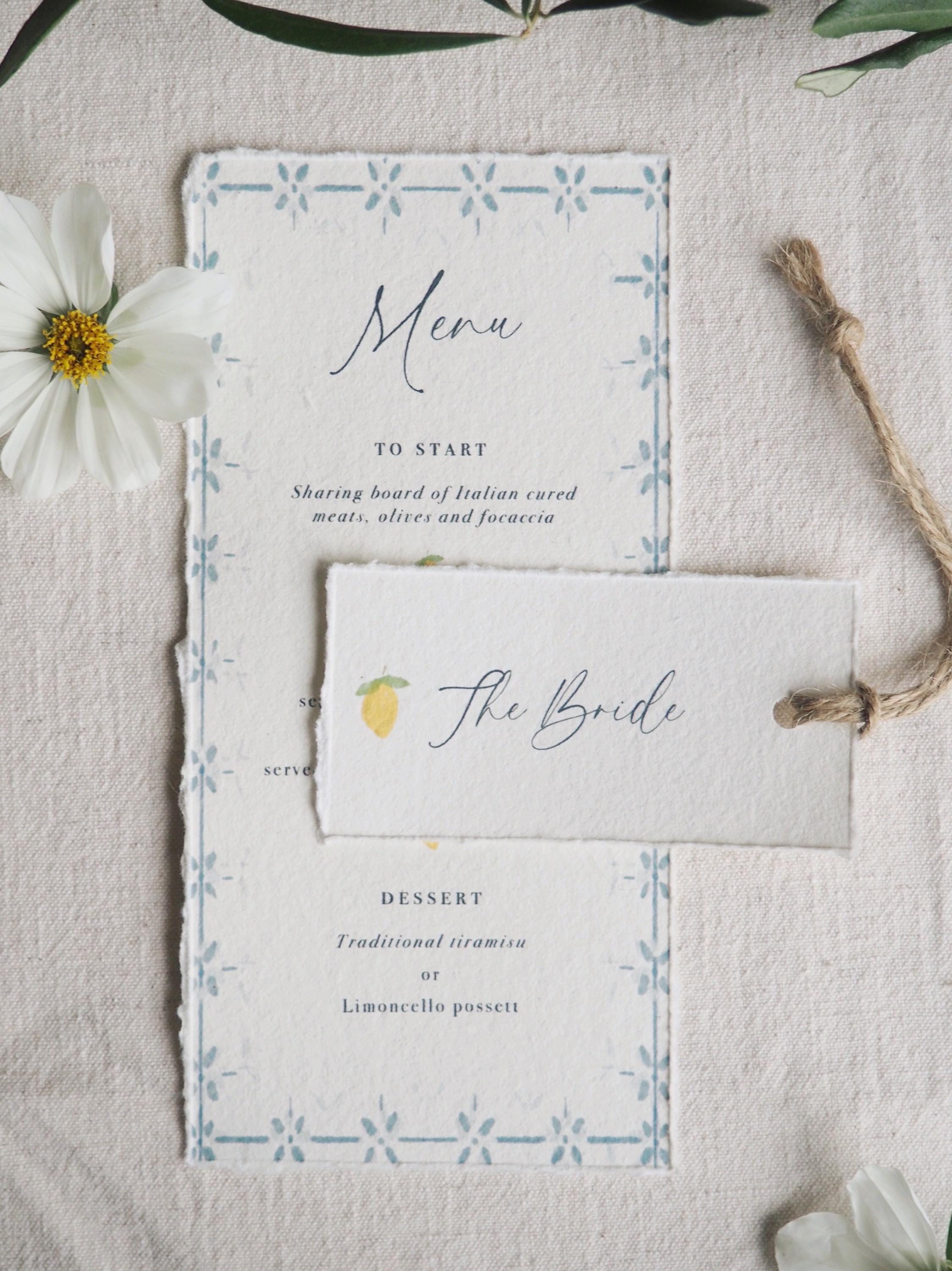 Lemon Wedding Menus | Handmade Paper | Hand-torn Edges | Wedding Table ...