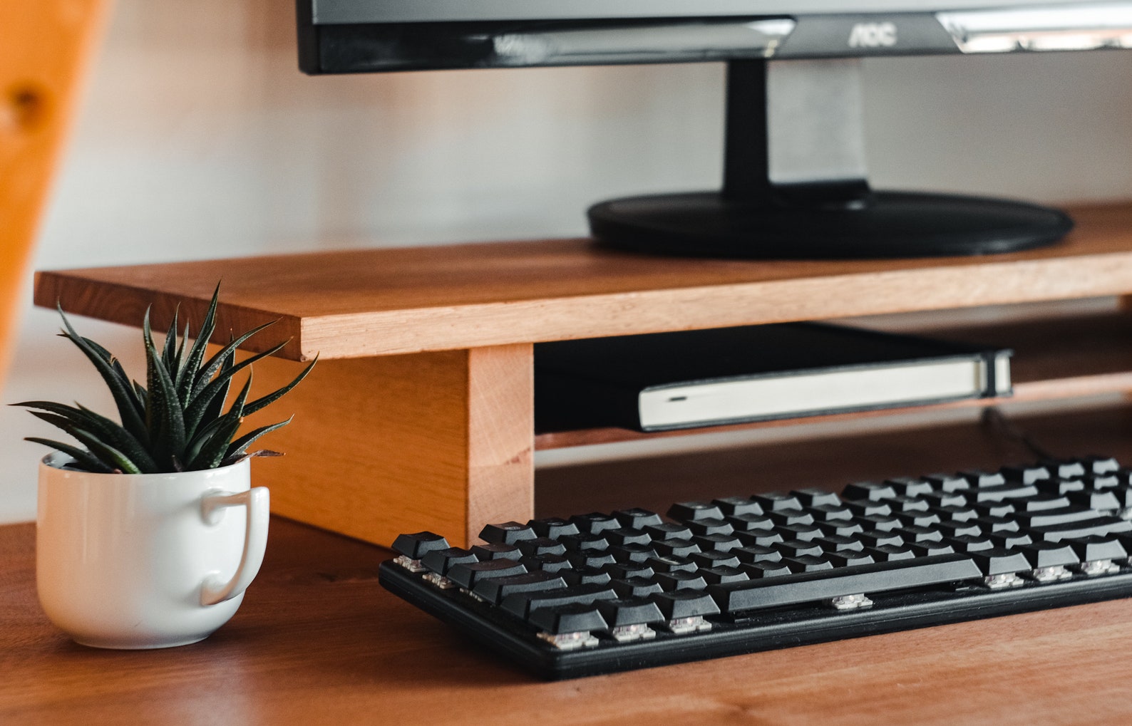 Walnut Monitor Stand for PC Setup | Wood Organization Desk Stand Shelf ...