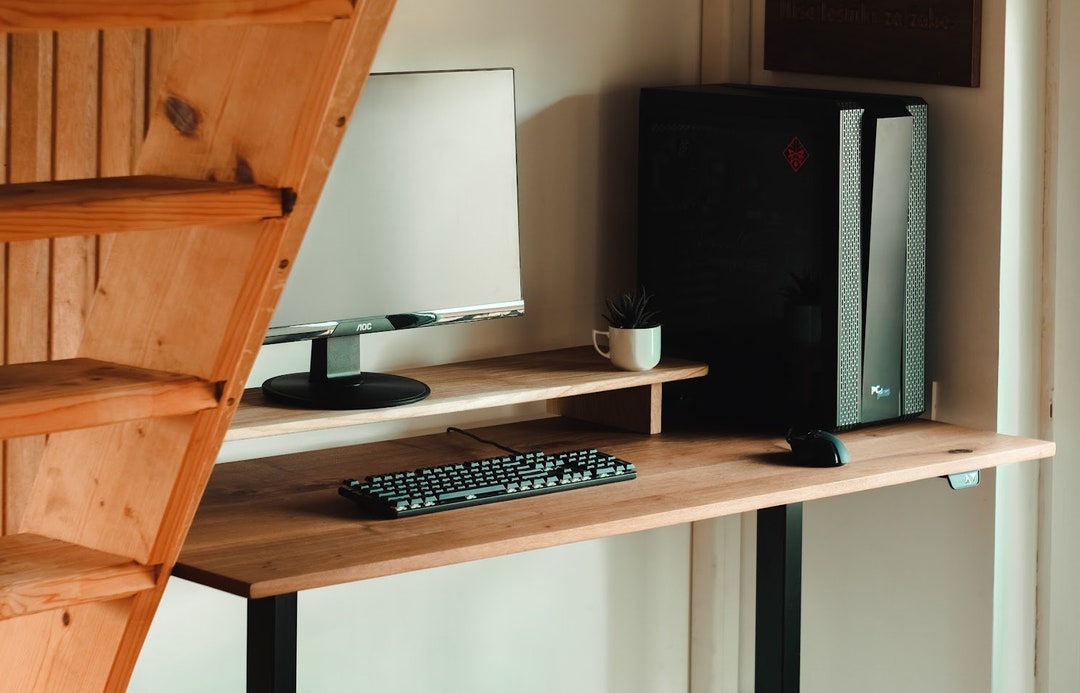 Oak Monitor Stand Solid Wood Desk Shelf Setup Organisation Wooden Stand ...