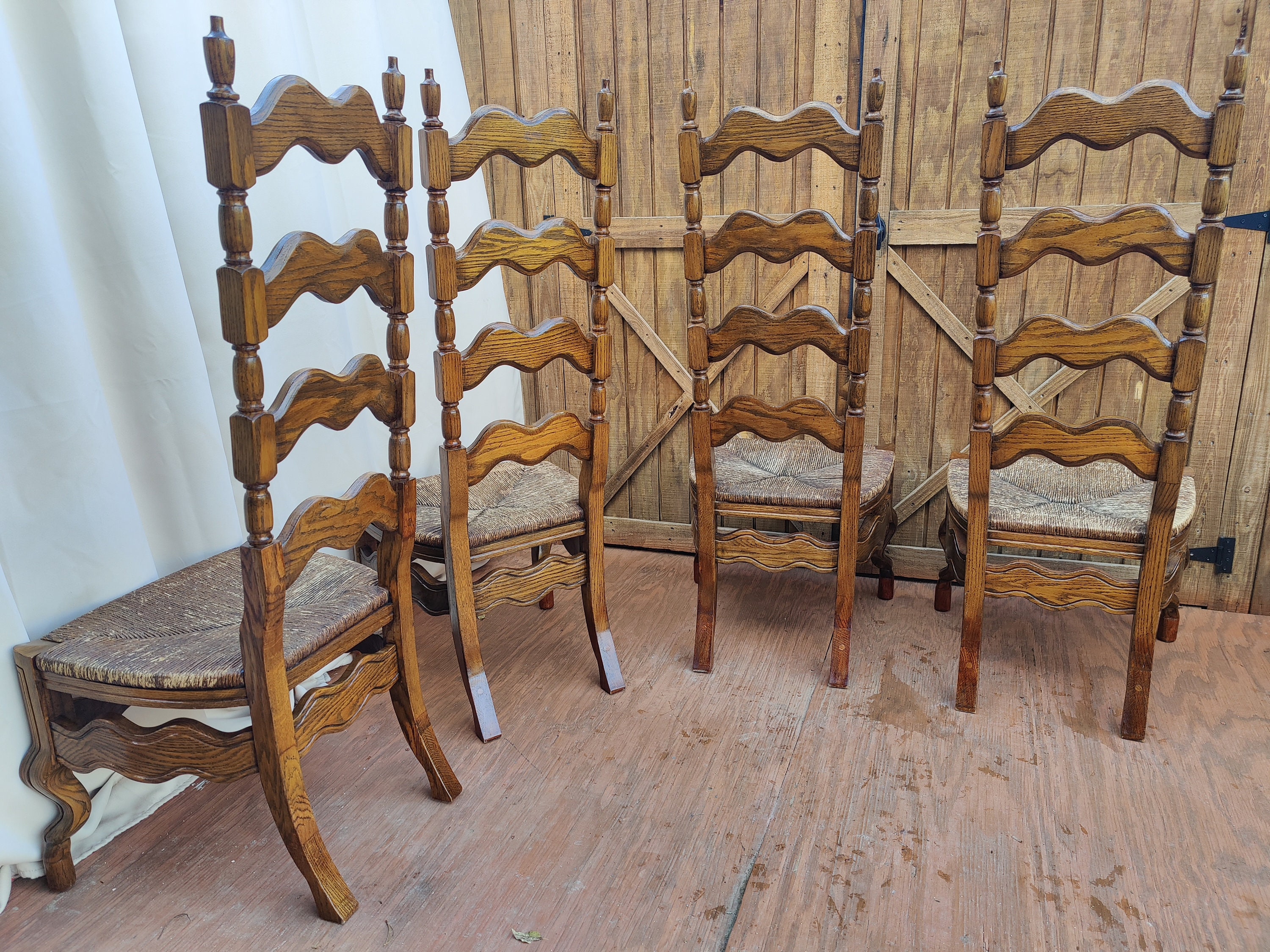 Rustic Ladder Back Dining Chairs, Carved Wood, Rush Seat, Set of 4 - Etsy