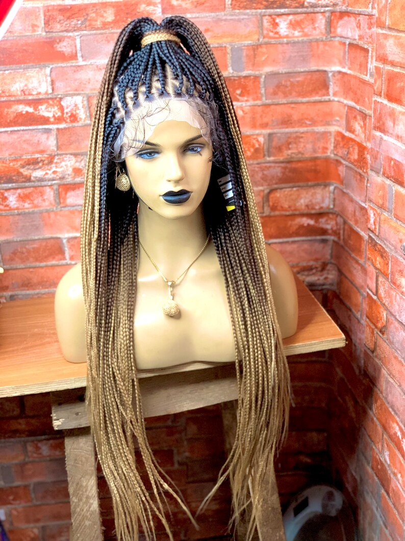 Full Lace Knotless Braids Wig, Slant Cut Wig, Black Brown Blonde Color ...
