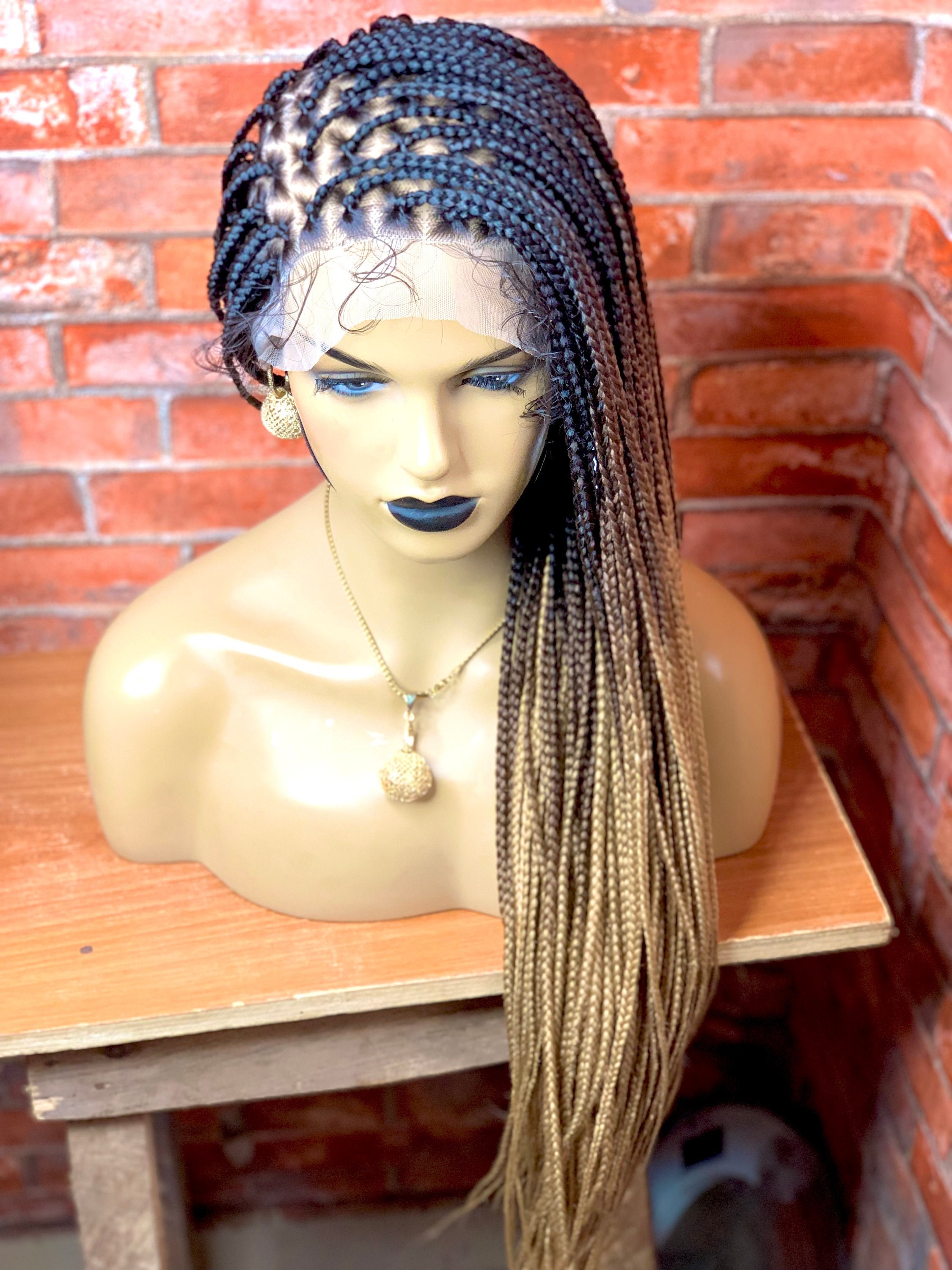 Full Lace Knotless Braids Wig, Slant Cut Wig, Black Brown Blonde Color ...