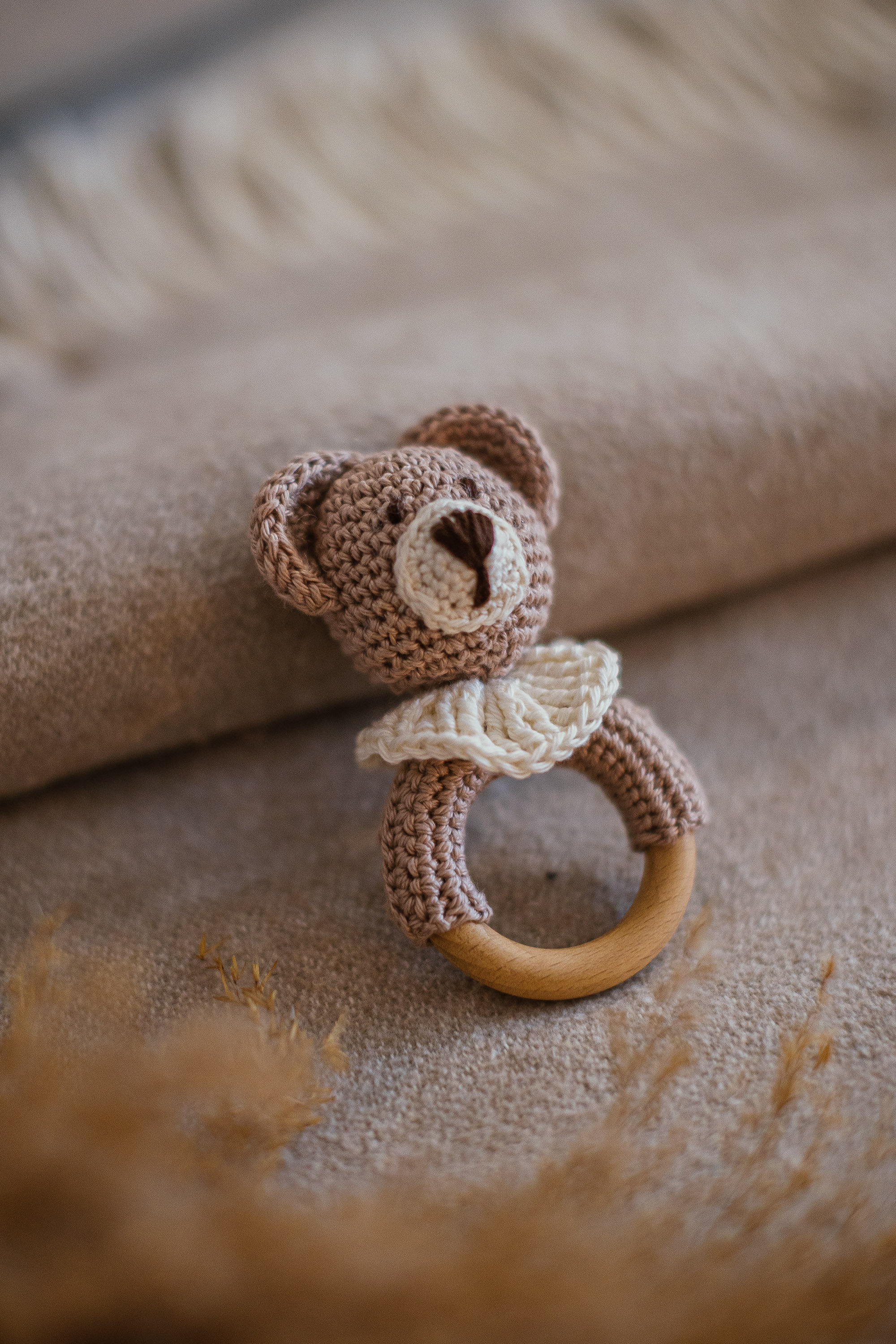 Bear Baby Rattle - Gripper Made of Wood, Wooden Toys, Crocheted Bear ...