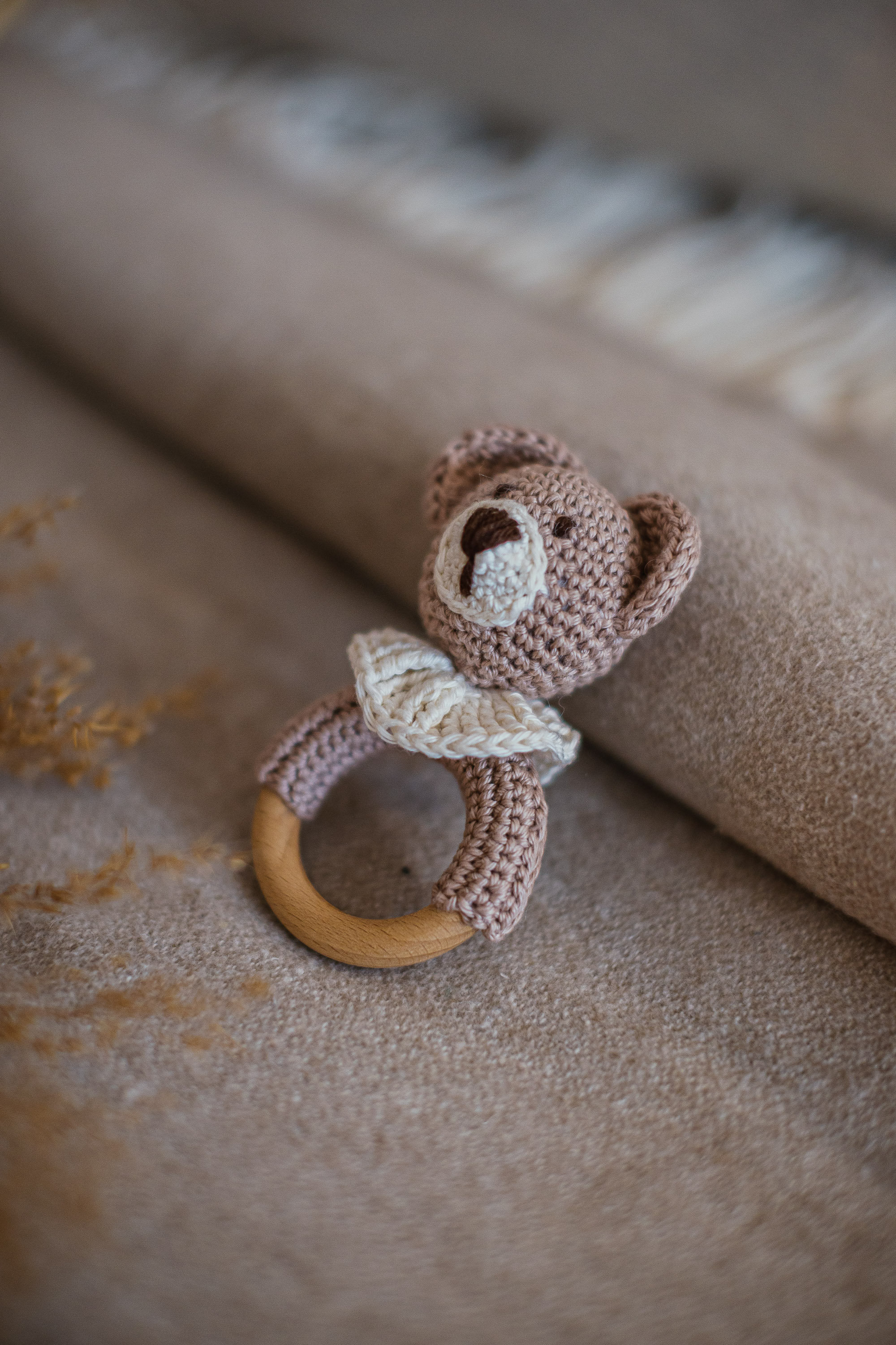 Bear Baby Rattle - Gripper Made of Wood, Wooden Toys, Crocheted Bear ...