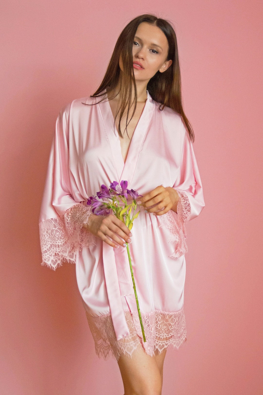 Silk Robe, Bridal Robe, Pink Bridal Dressing Gown Bridesmaid Robes Lace ...