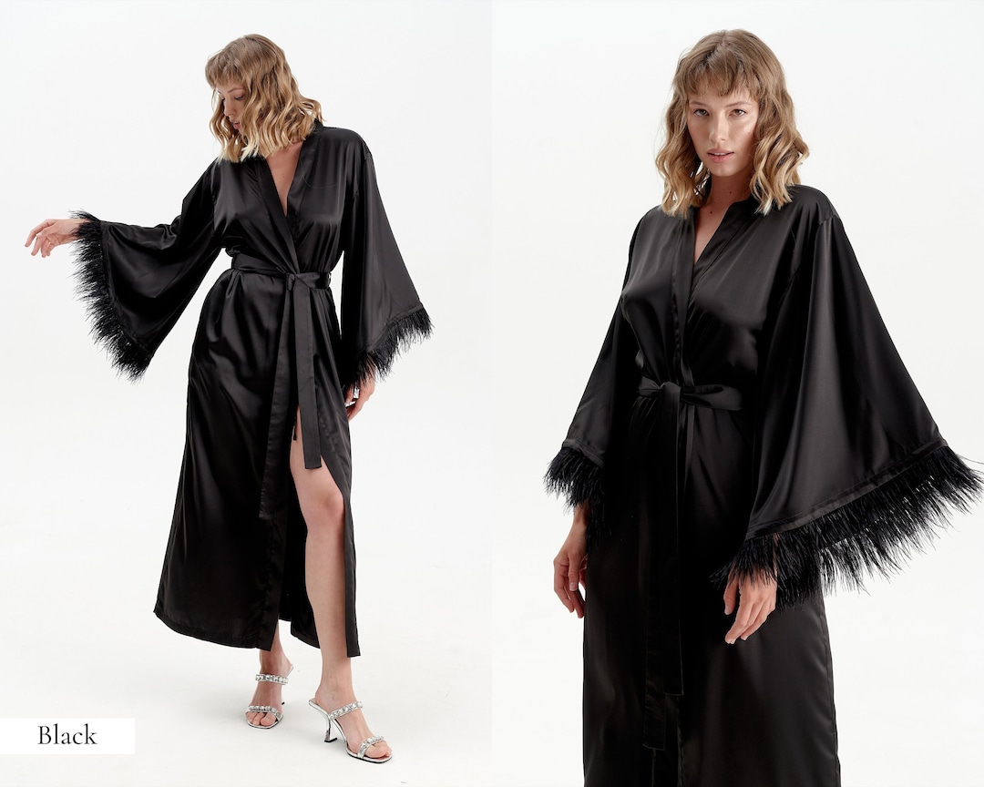 Feather Long Bridal Robe, Silk Robe, Satin Robe, Personalised Dressing ...