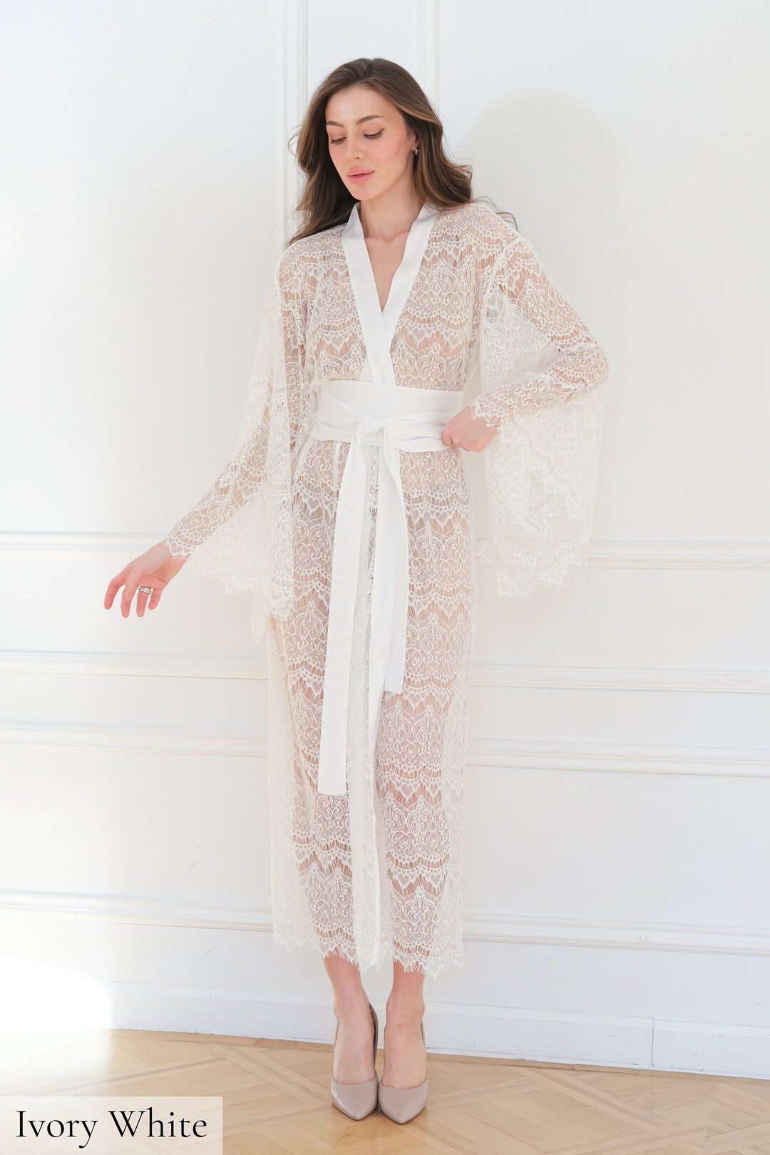 Long Bridal Robe for Bride, Lingerie See Through Robe for Wedding ...