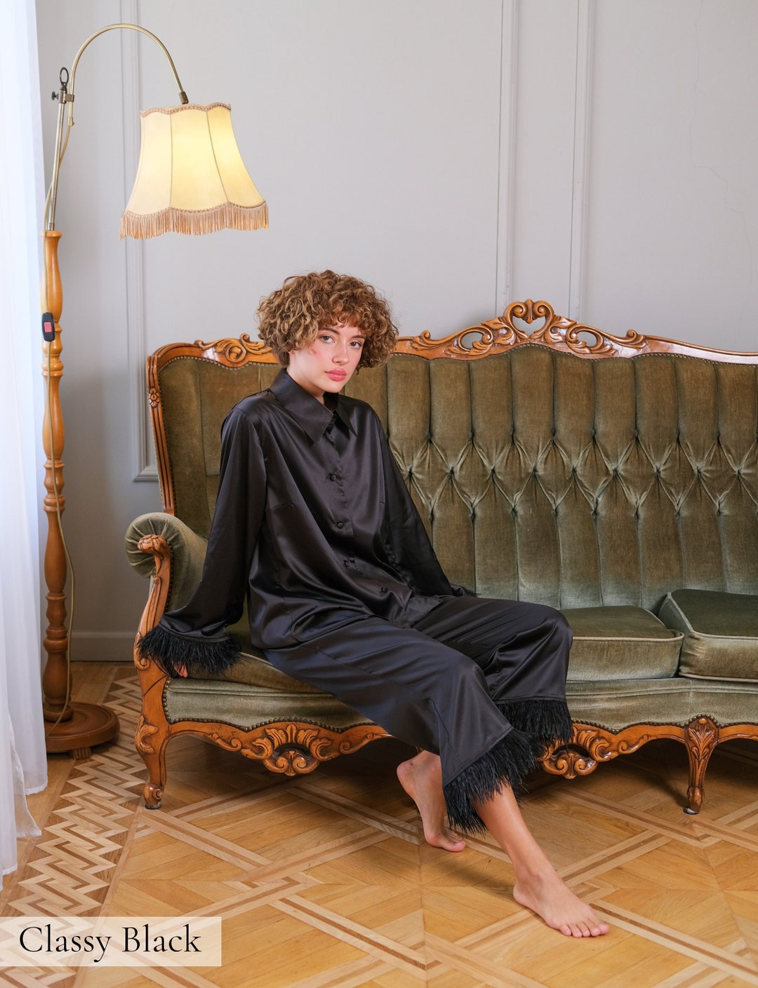 Silk Feather Pajamas Silk Pyjama Set Feathers, Black Bridesmaid Satin ...