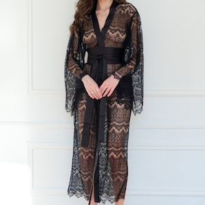 Long Silk Robe for Women, Lingerie See Through Robe Sheer Robe Lace ...
