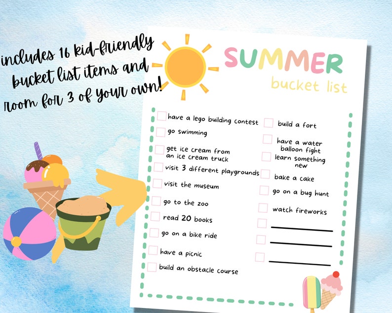 Summer Bucket List Printable for Kids, Kids Printables, Activities for ...