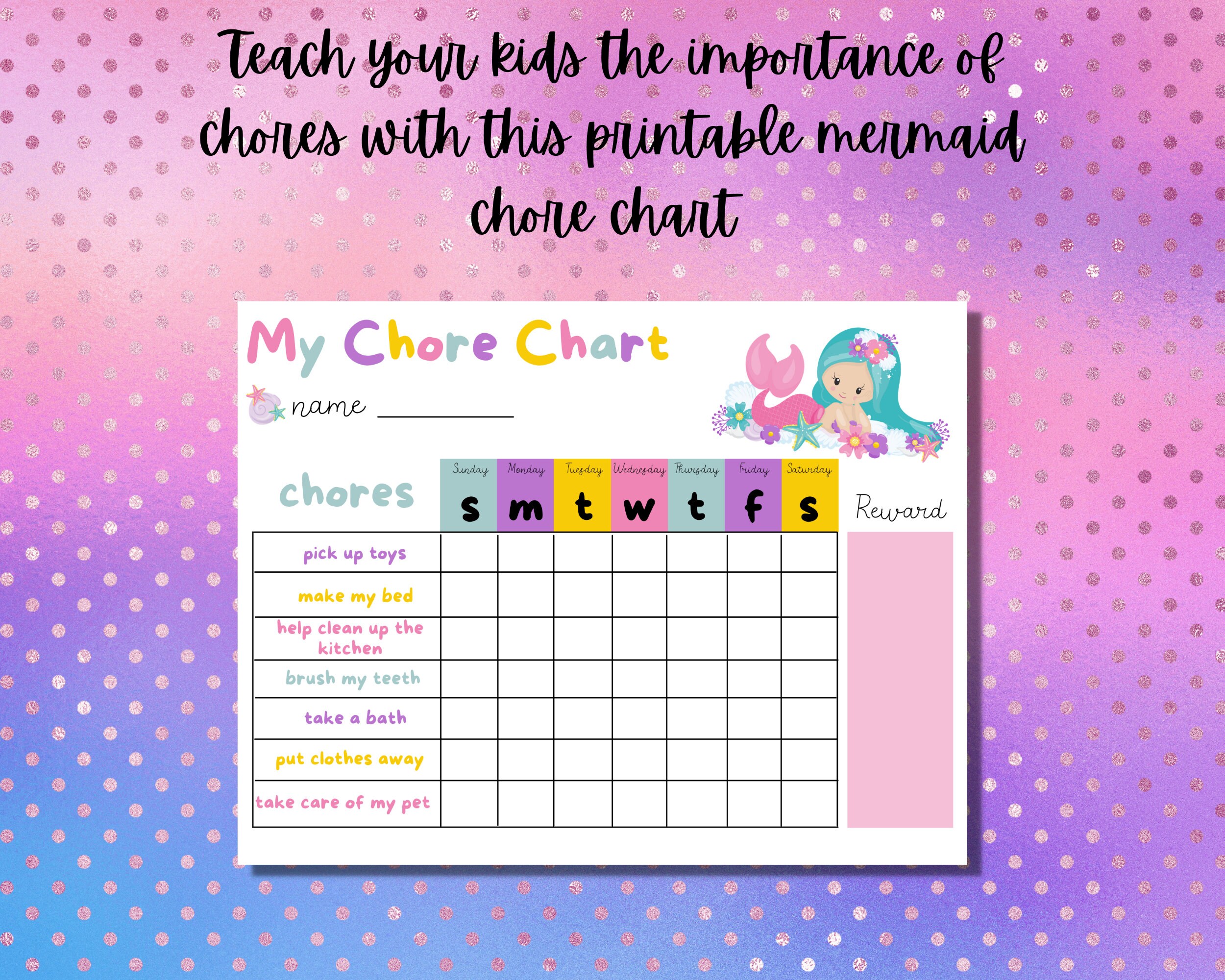 Printable Chore Chart for Kids, Mermaid Chore Chart, Digital Chore ...