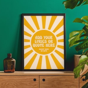Personalised Song Lyric or Quote Print, Retro Sun Print, Music Poster ...