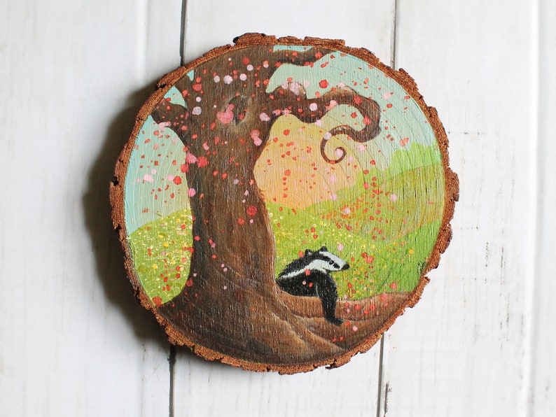 Wood Log Slice Hand Painted Badger Peeking From a Tree Under Falling ...