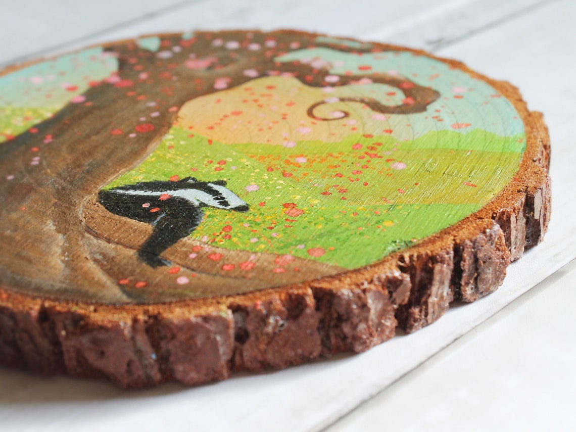 Wood Log Slice Hand Painted Badger Peeking From a Tree Under Falling ...