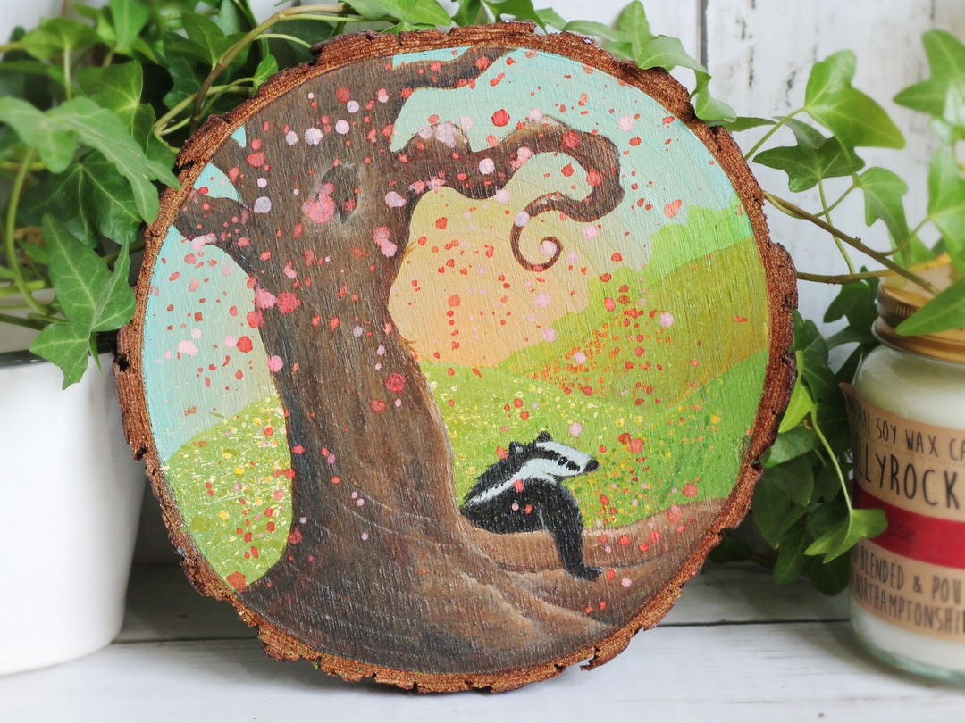 Wood Log Slice Hand Painted Badger Peeking From a Tree Under Falling ...
