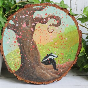 Wood Log Slice Hand Painted Badger Peeking From a Tree Under Falling ...
