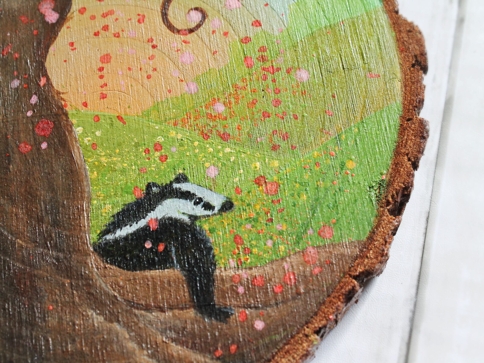 Wood Log Slice Hand Painted Badger Peeking From a Tree Under Falling ...