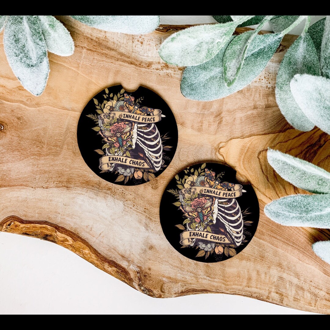 Inhale Peace and Exhale Chaos Car Coaster, Skull Floral Car Decor ...