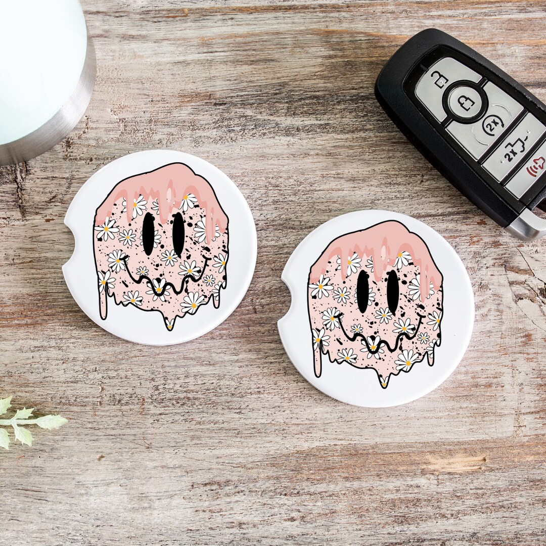 Fun Flower Dripping Smiley Face Car Coasters Set, Fun Car Decor ...