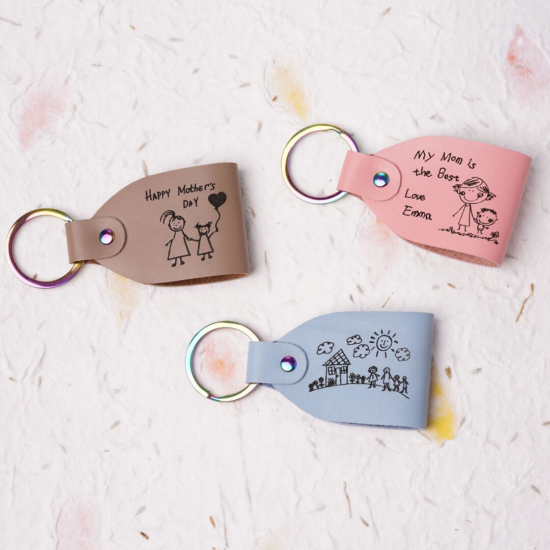 Kids Drawing Leather Keyring | Customizable Leather Gift for Mom | Cute ...