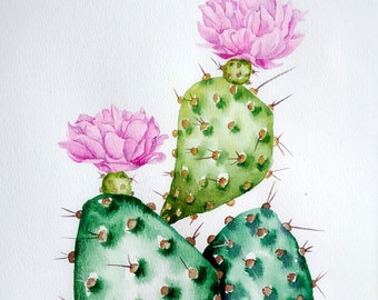 Flower Prickly Pear Cactus Sunset Art Print Watercolor - Etsy