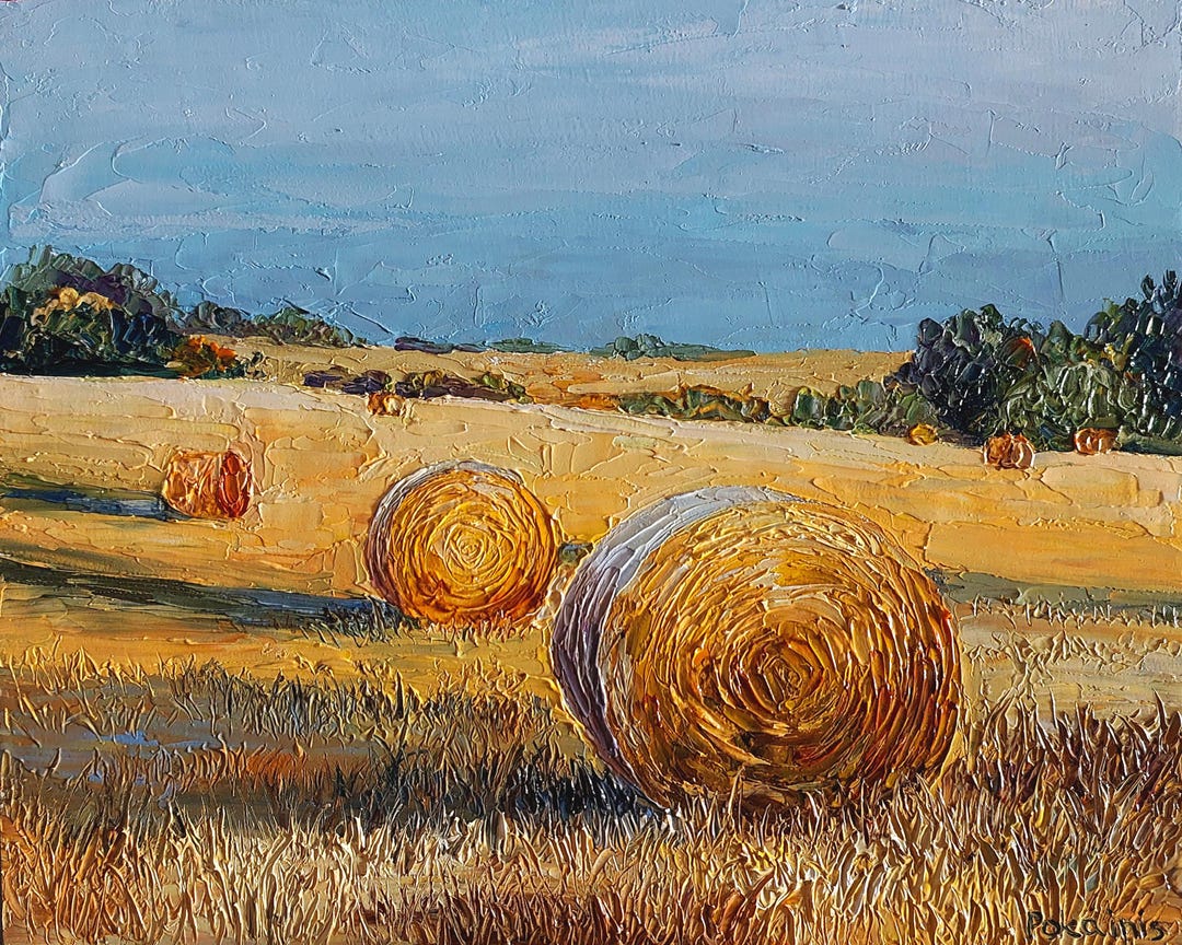 Original Impressionist Oil Painting: Hay Bales Landscape - 9x11 ...