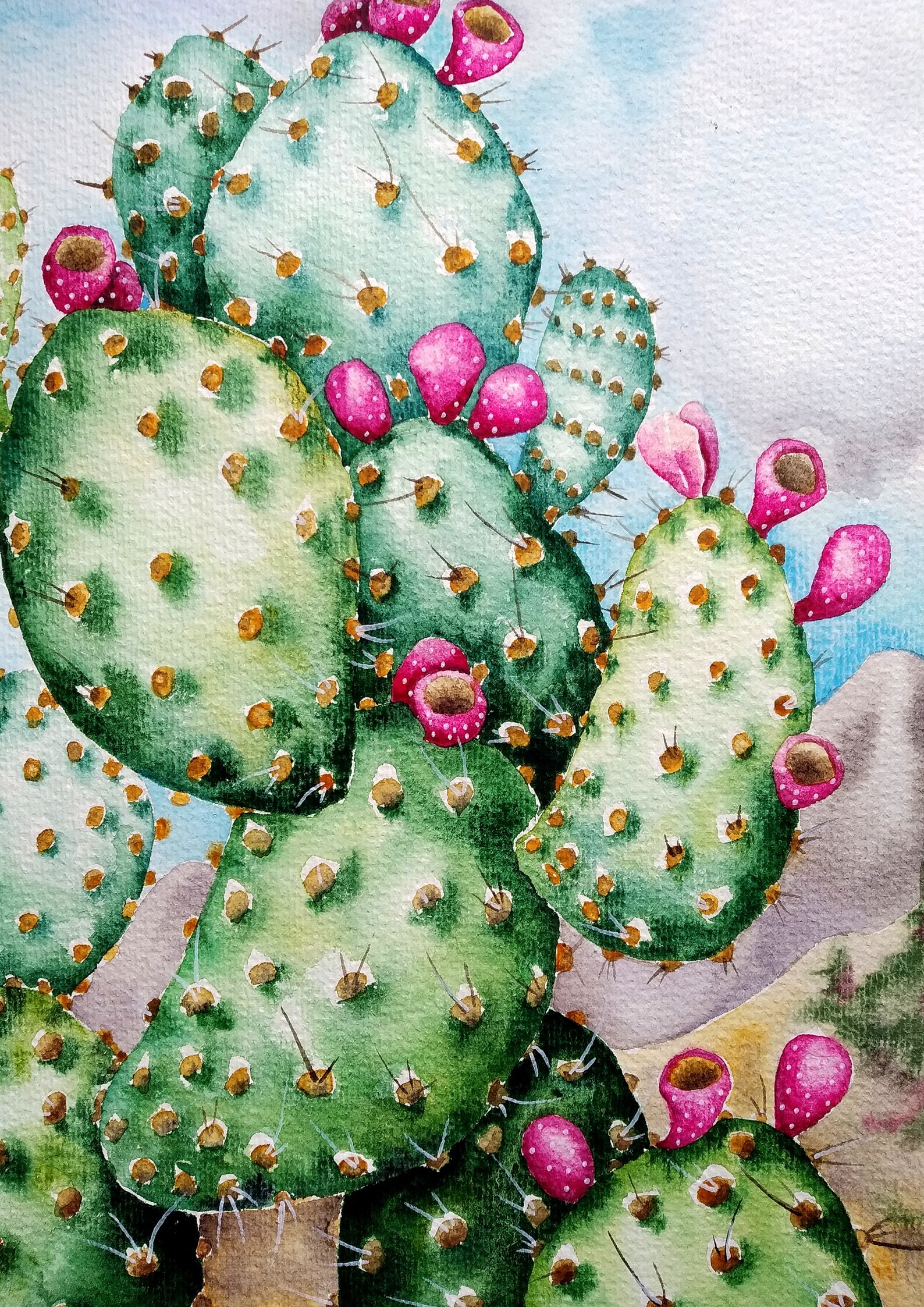 Cactus Original Watercolor Painting, Botanical Wall Art, Prickly Pear ...