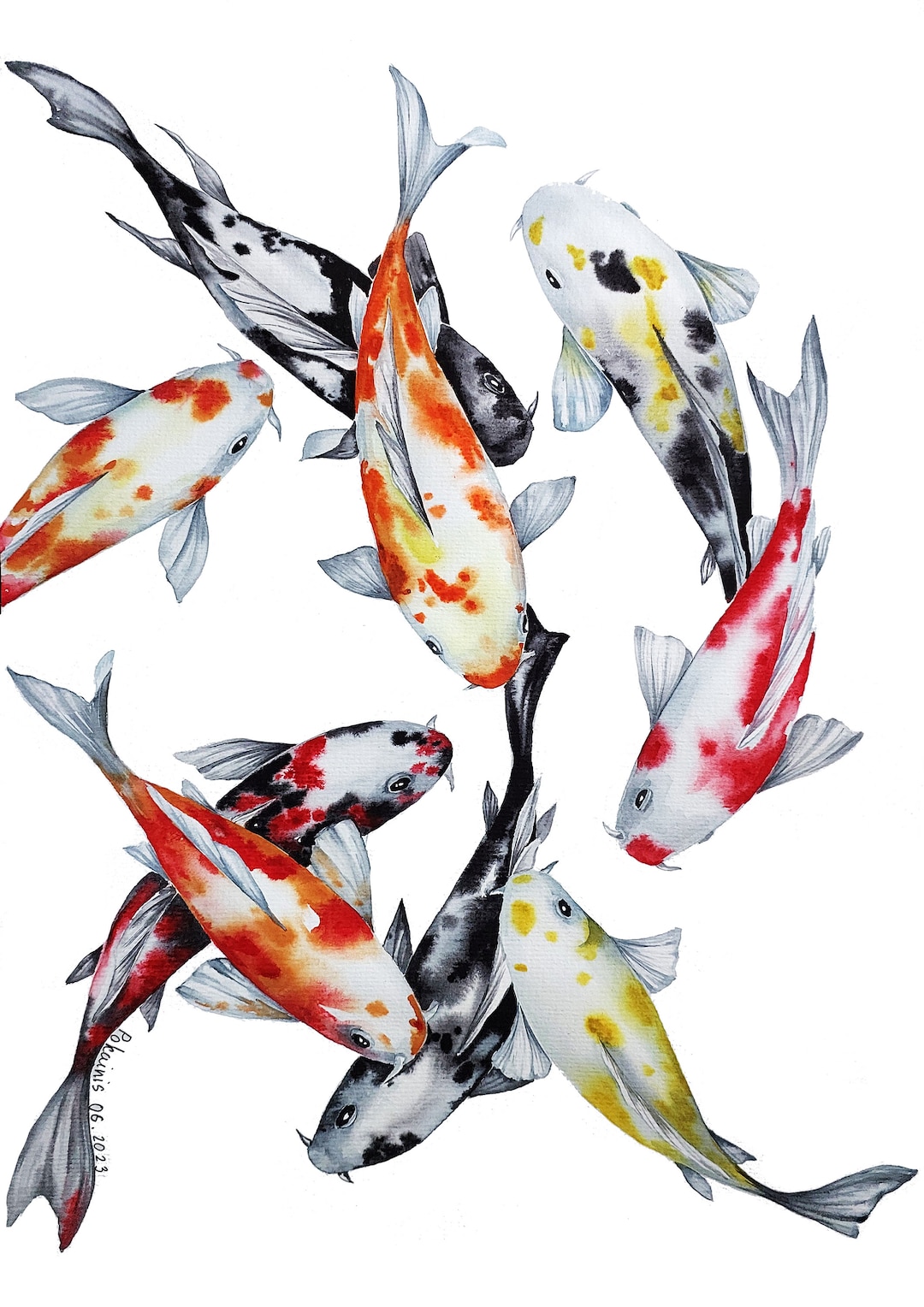 ORIGINAL Watercolor Painting, Nine Koi Fish Abstract Watercolor Artwork ...