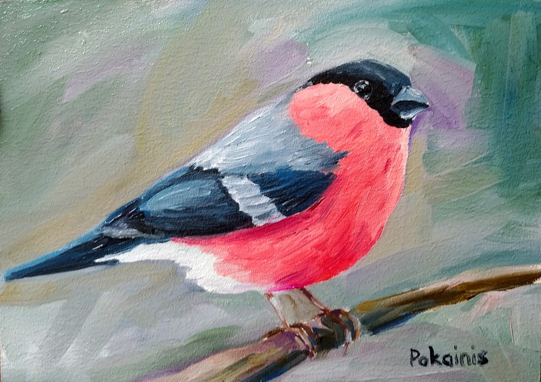 Original Small Oil Painting, Bird on Branch Art, Bullfinch Winter Bird ...