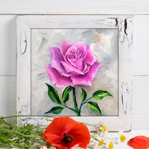 Rose Small Original Oil Painting, Floral Still Life Artwork, Square ...
