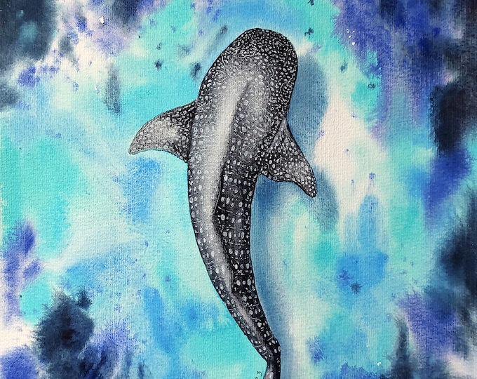 Whale Shark, ORIGINAL Watercolor Painting, Underwater Painting, Dark ...