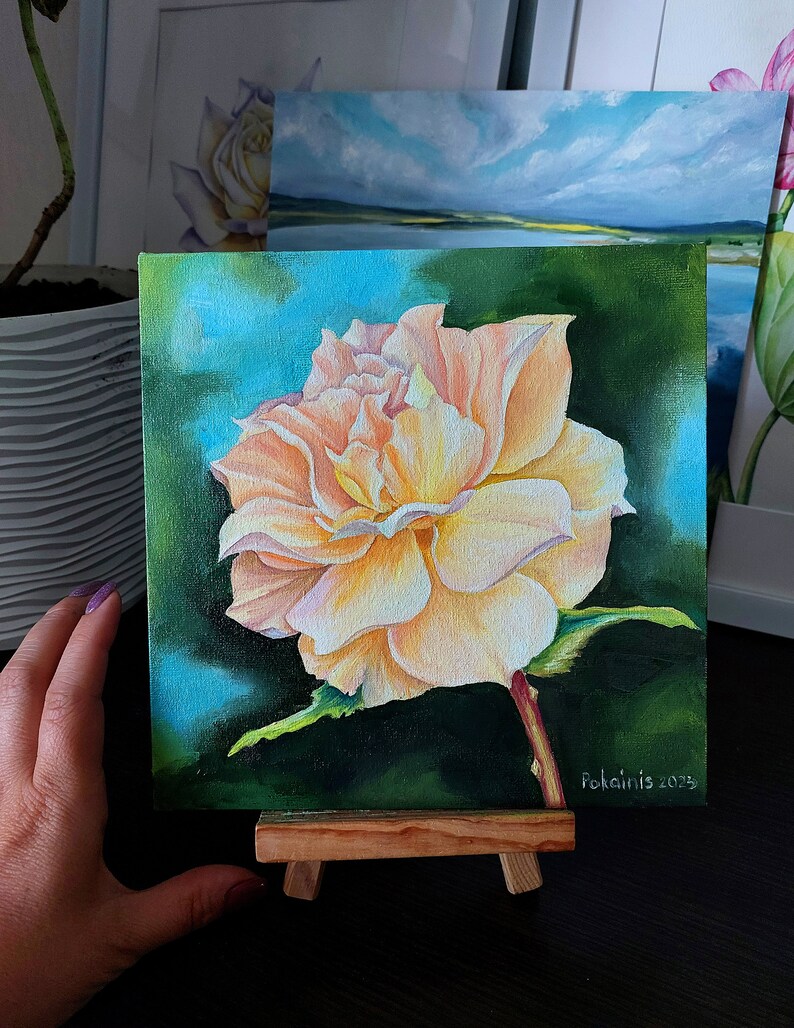 Original Yellow Rose Oil Painting, Floral Still Life Botanical Art (8x8 ...