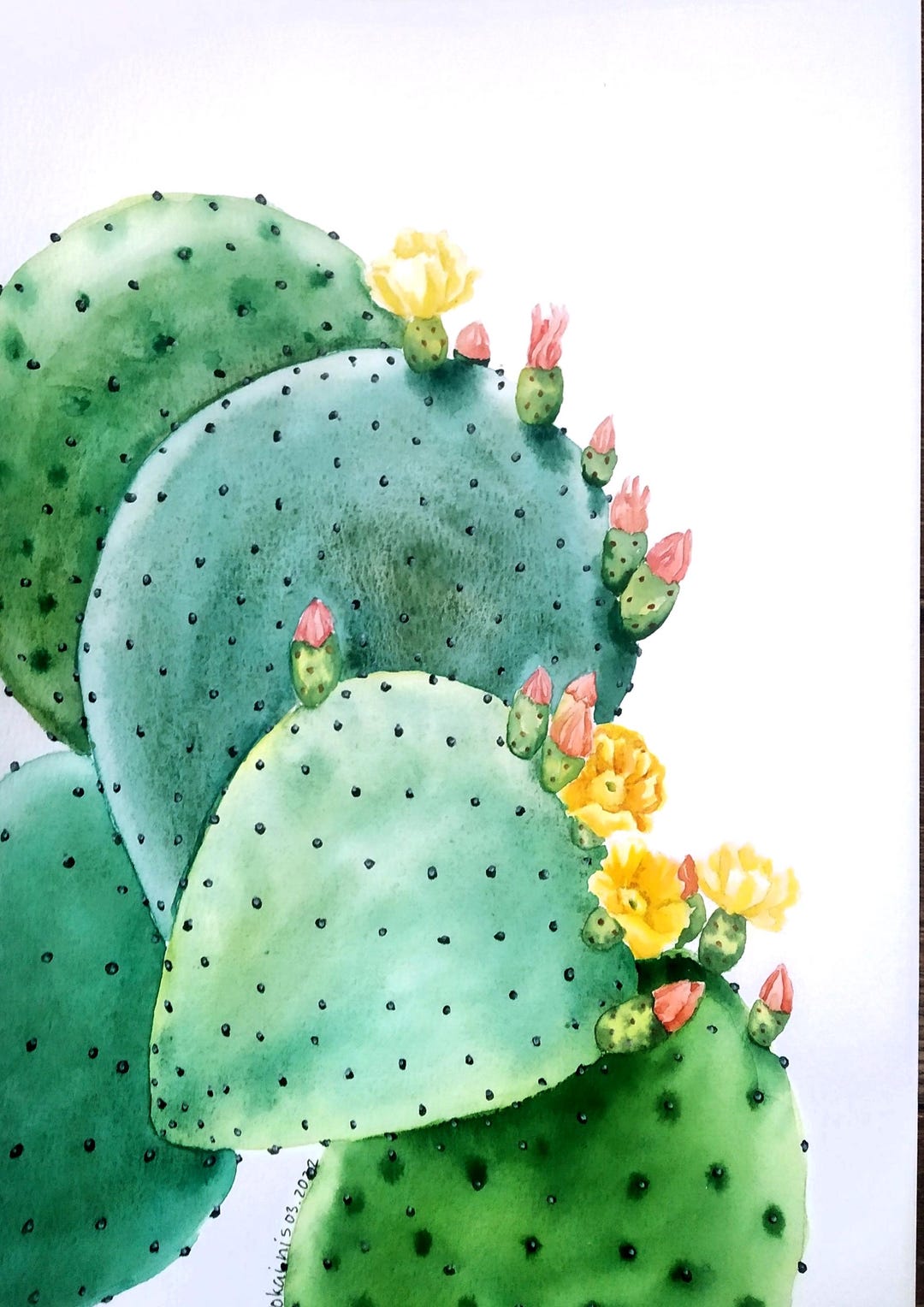 Cactus Watercolor Painting, Prickly Pear Botanical Art, Arizona Wall ...