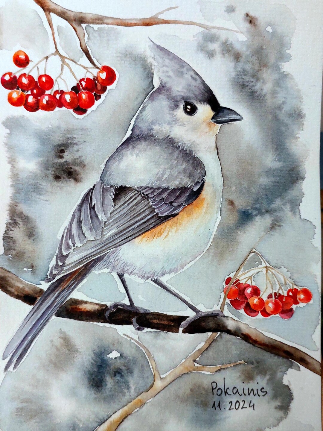 Small Bird Watercolor Original Painting, Bird Watching Gift, Tufted ...