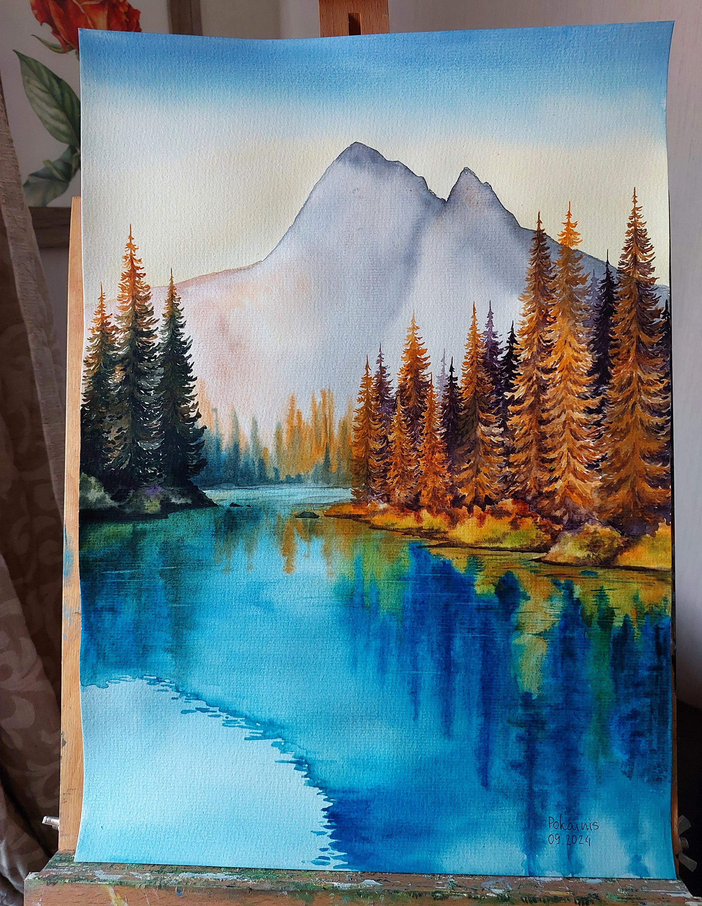 ORIGINAL Watercolor Painting Painting From Photo Mountain Wall Art Forest Painting Sunset Wall Art Emerald Lake Painting Lake Painting Etsy