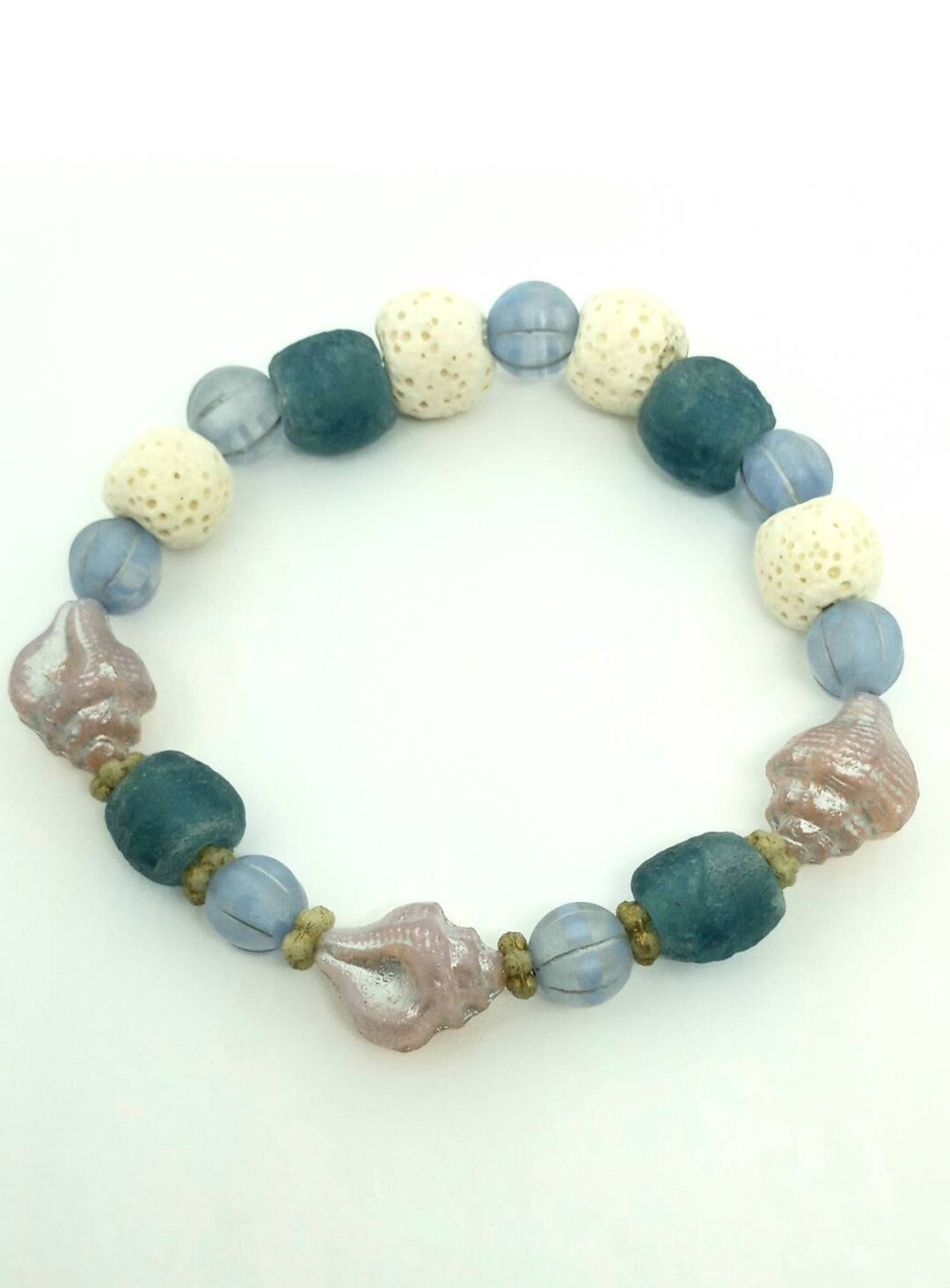 Recycled Sea Glass, Conch Shells, Czech Glass, White Lava Beads, Gift ...