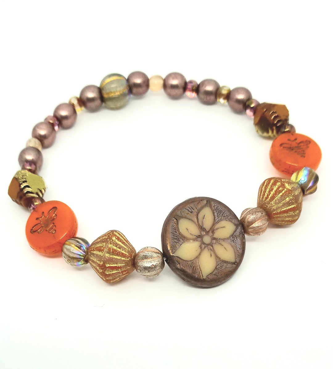 Hawaiian Flower Focal 18 Mm Ivory With Bronze Wash, 12mm Orange Bee ...