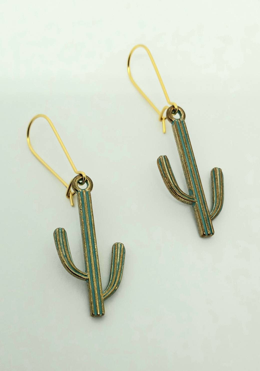 10K Gold Arched Hoops & Patina Cactus Charm, Gift for Her, Arizona ...